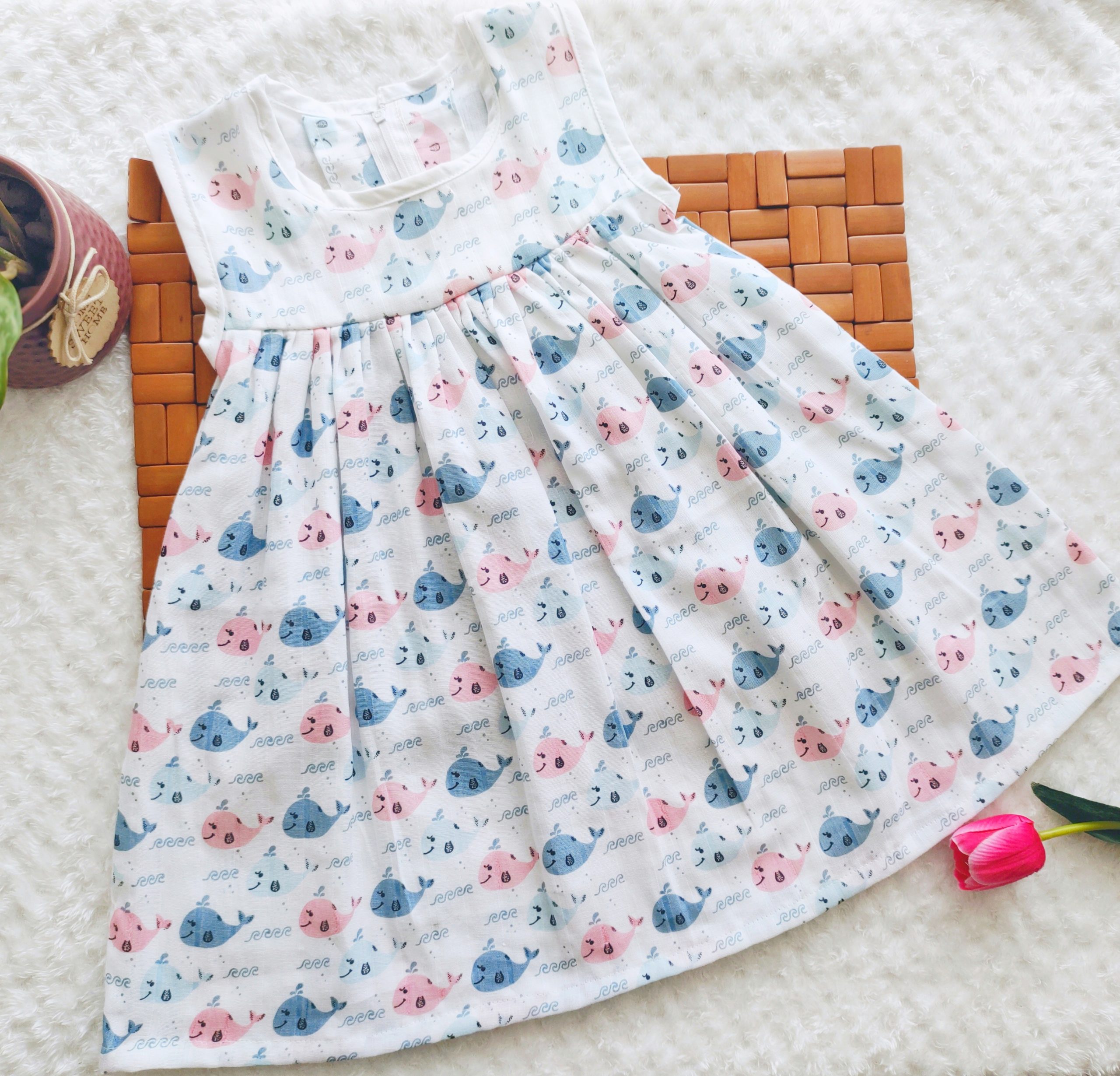 Sleeveless - Muslin cotton frock - Pink and Blue Whale - Pretty Plums