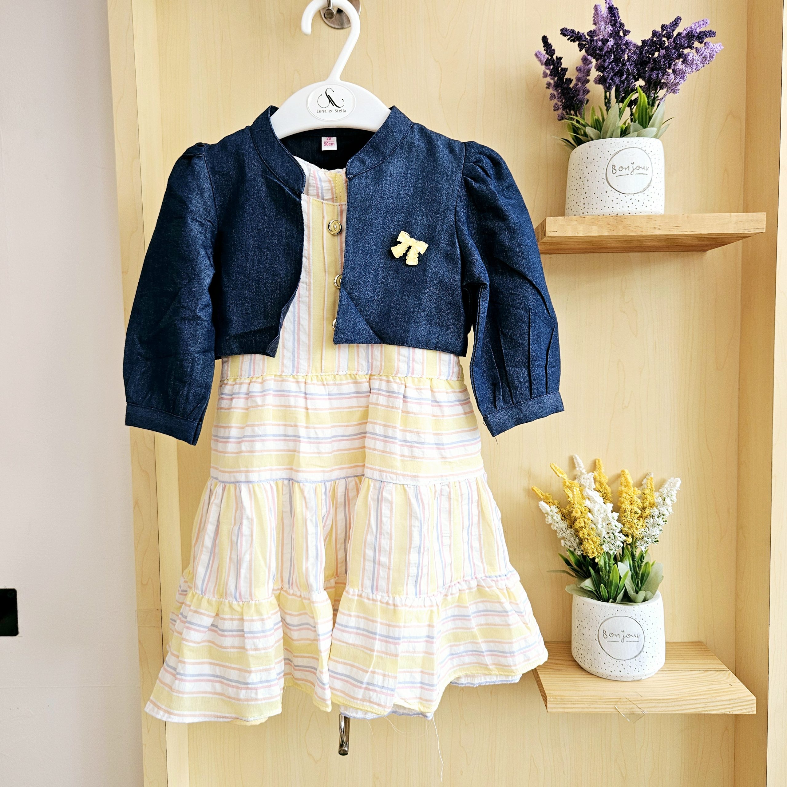 Girls cotton frock - RRFROCK1-Yellow White Strip and Denim Overcoat ...