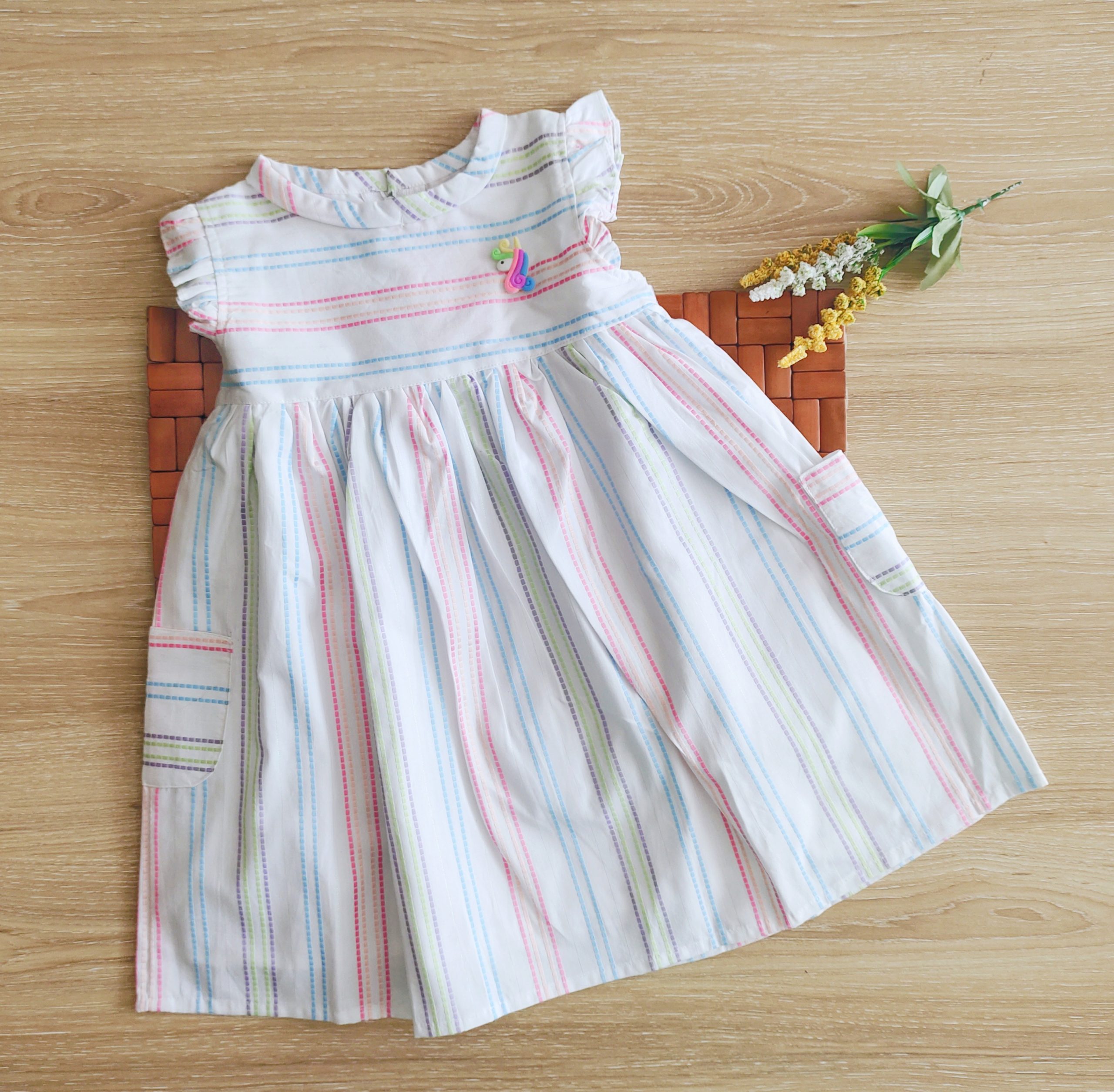 Girls frock - JLX3509 - White With Color Full Strip - Pretty Plums