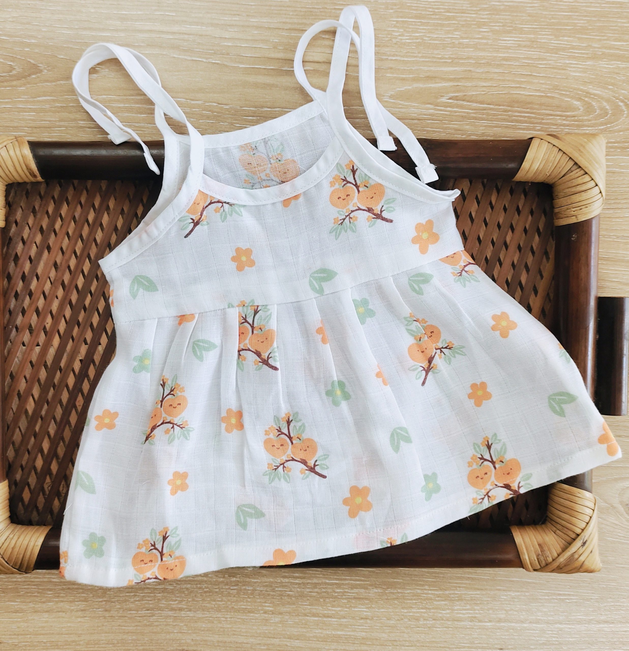 Muslin cotton frock 0-3m -ORANGE & GREEN FLORAL - Pretty Plums