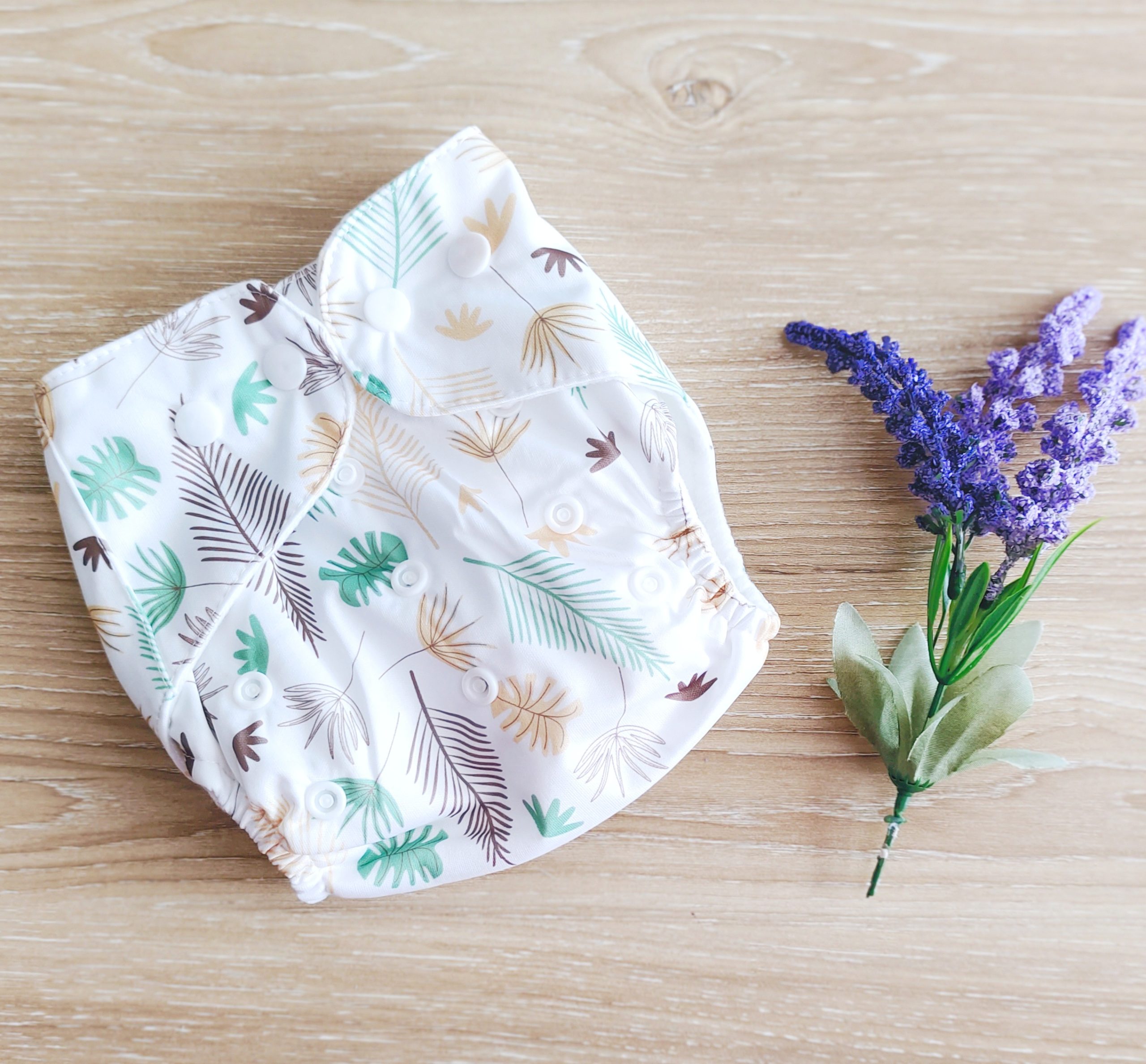 Reusable Fabric Diaper/Cloth Diaper-White with leafs - Pretty Plums