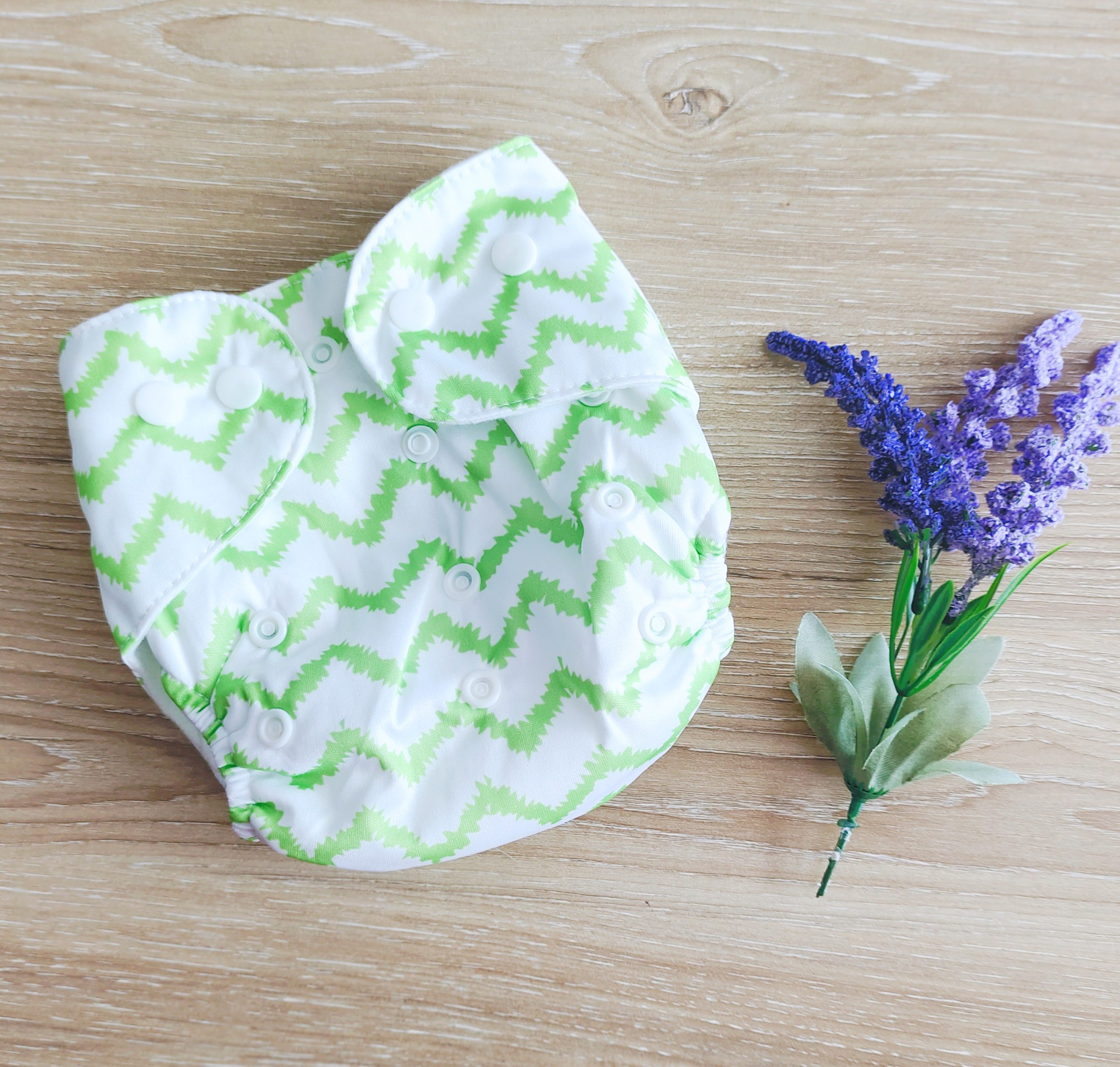 Reusable Fabric Diaper/Cloth Diaper-White with green zigzag - Pretty Plums