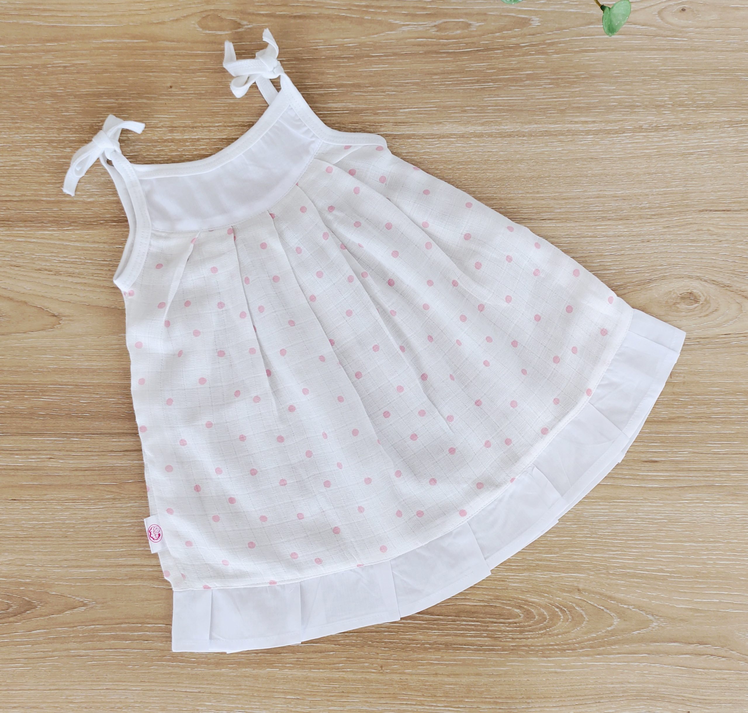 Muslin cotton frock - PKF03-White With Pink Dot - Pretty Plums