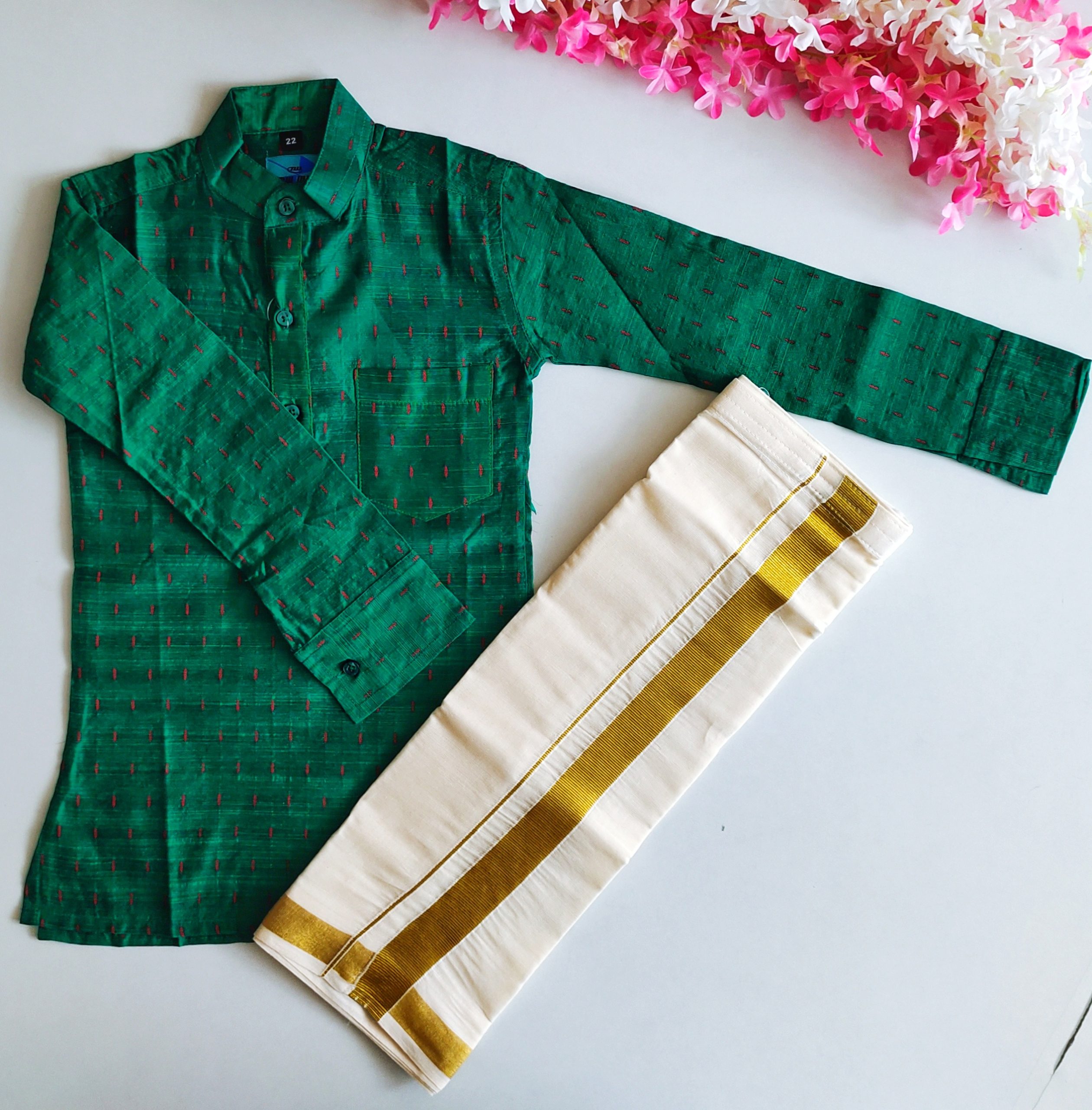 Jubha and Mundu - PPJM- Green With Red Print Jubha and Kasavu Mundu ...