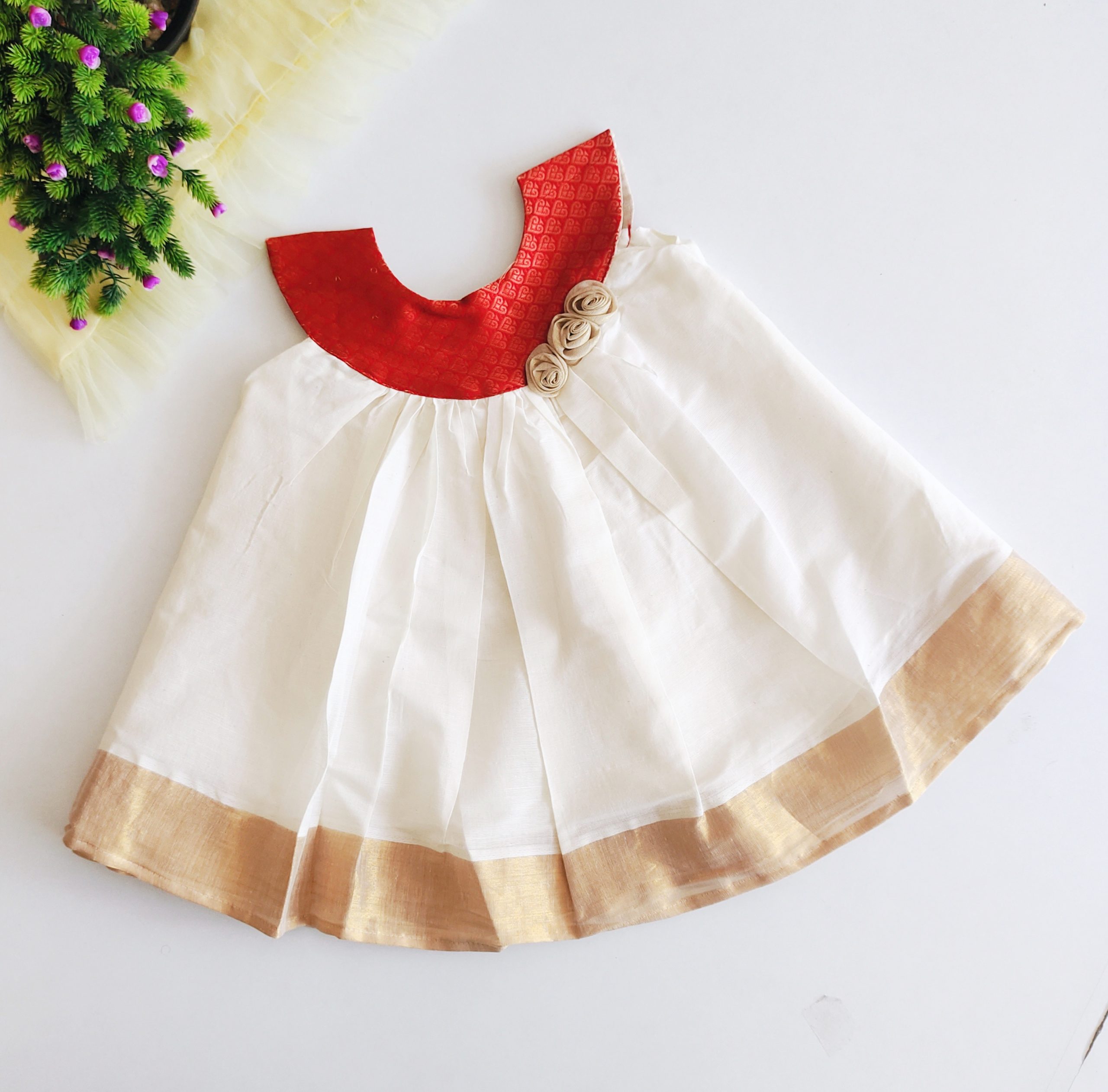 Cotton Kasavu frock - Kasav With Red Brocade - KFK1 - Pretty Plums