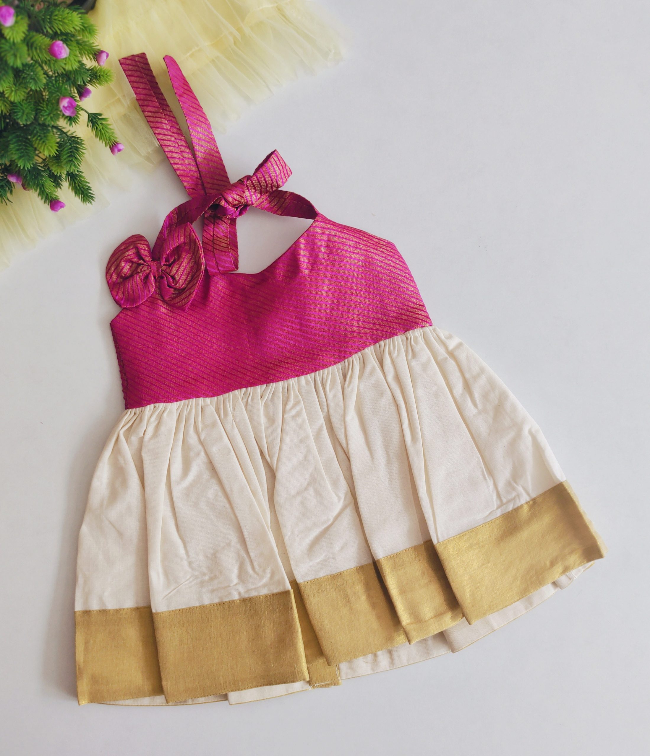 Cotton Kasavu frock - MLEFK - Kasav With Magenta Brocade Knot Frock ...