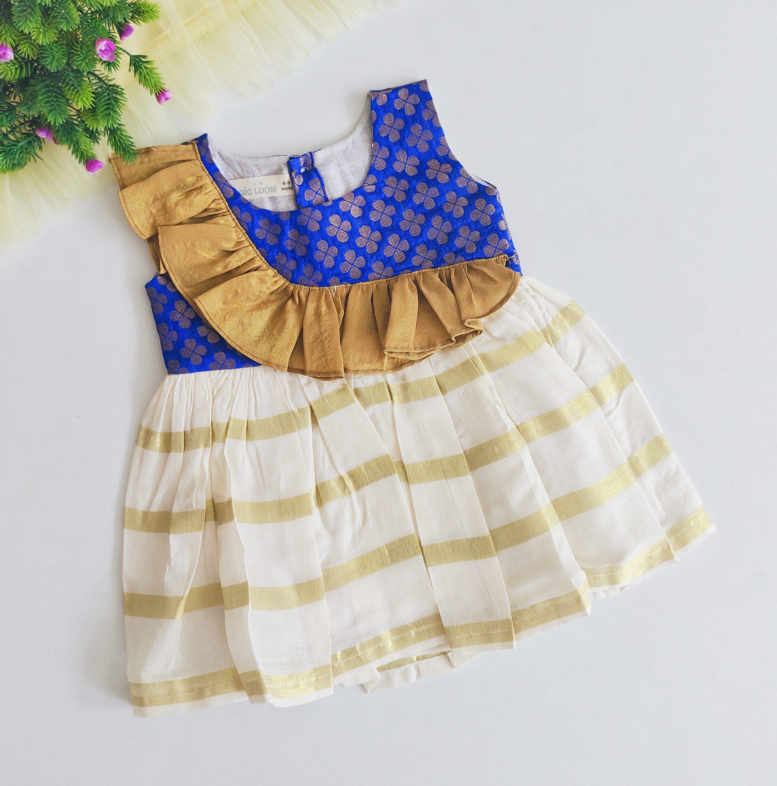 Cotton Kasavu frock - Kasavu Strip With Royal Blue - KFK1 - Pretty Plums