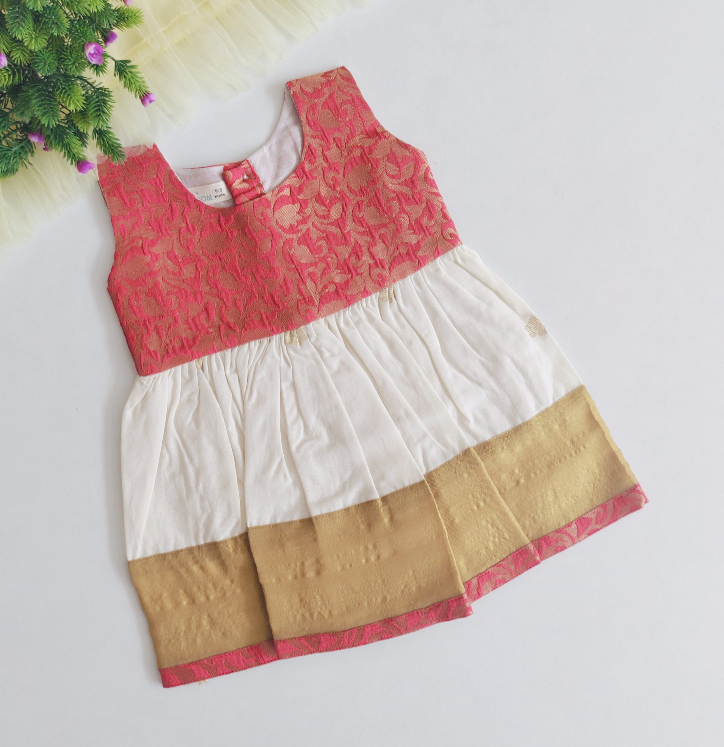 Cotton Kasavu frock - MLEFK - Kasav Strip With Red Brocade - Pretty Plums