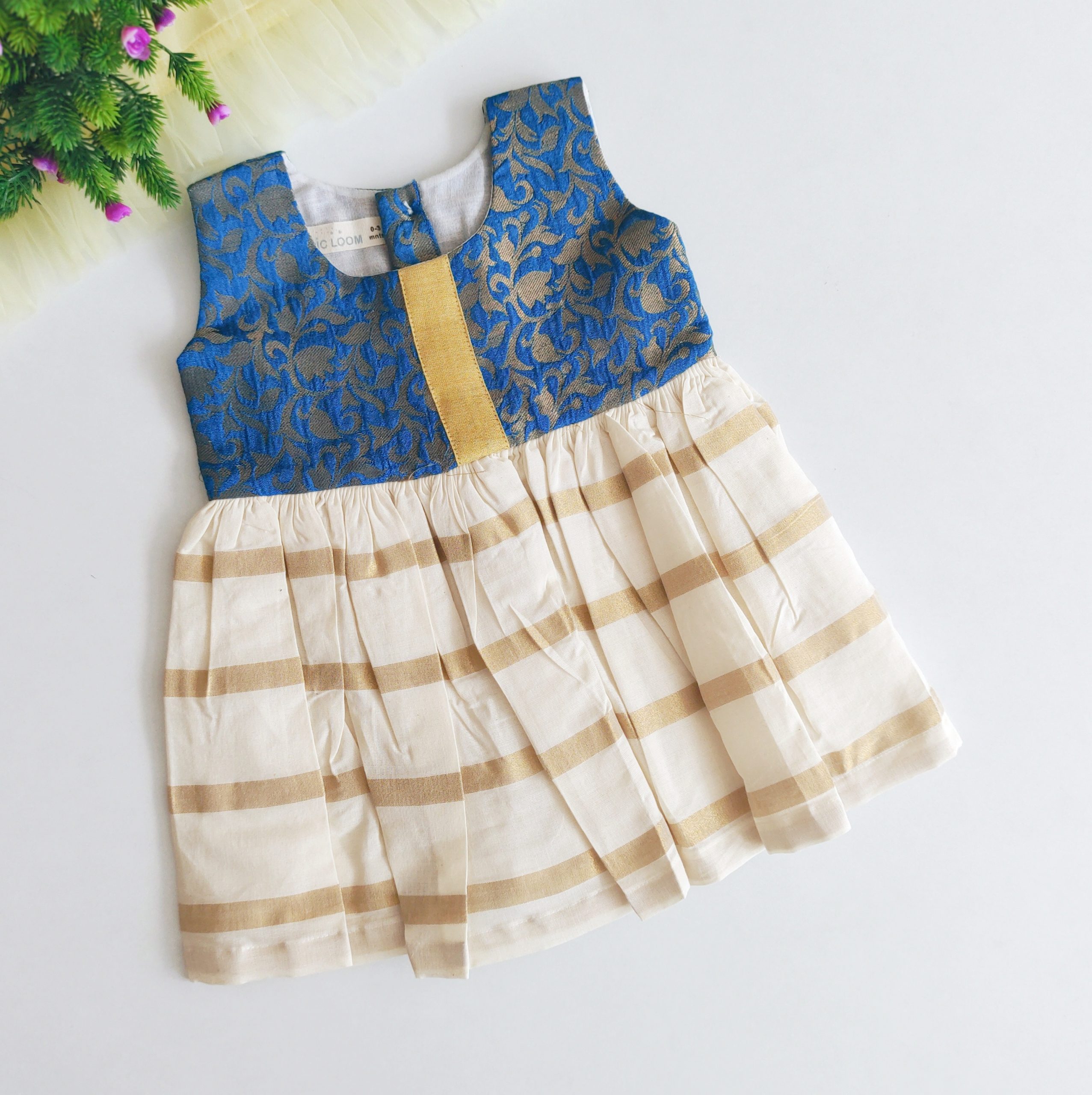 Cotton Kasavu frock - MLEFK - Kasav Strip With Teal Blue Brocade ...