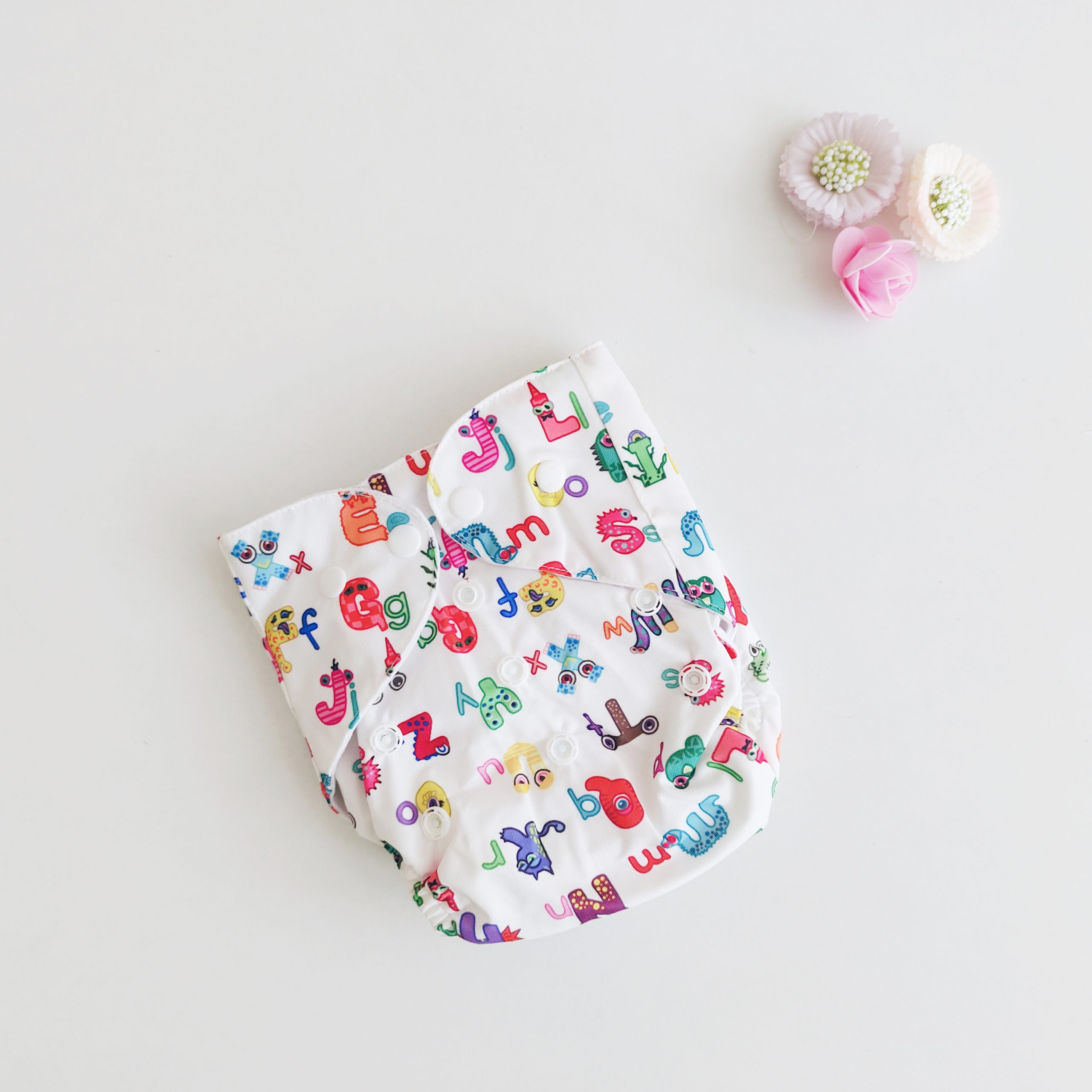 Reusable Fabric Diaper/Cloth Diaper- CDP2 - White Alphabet - Pretty Plums
