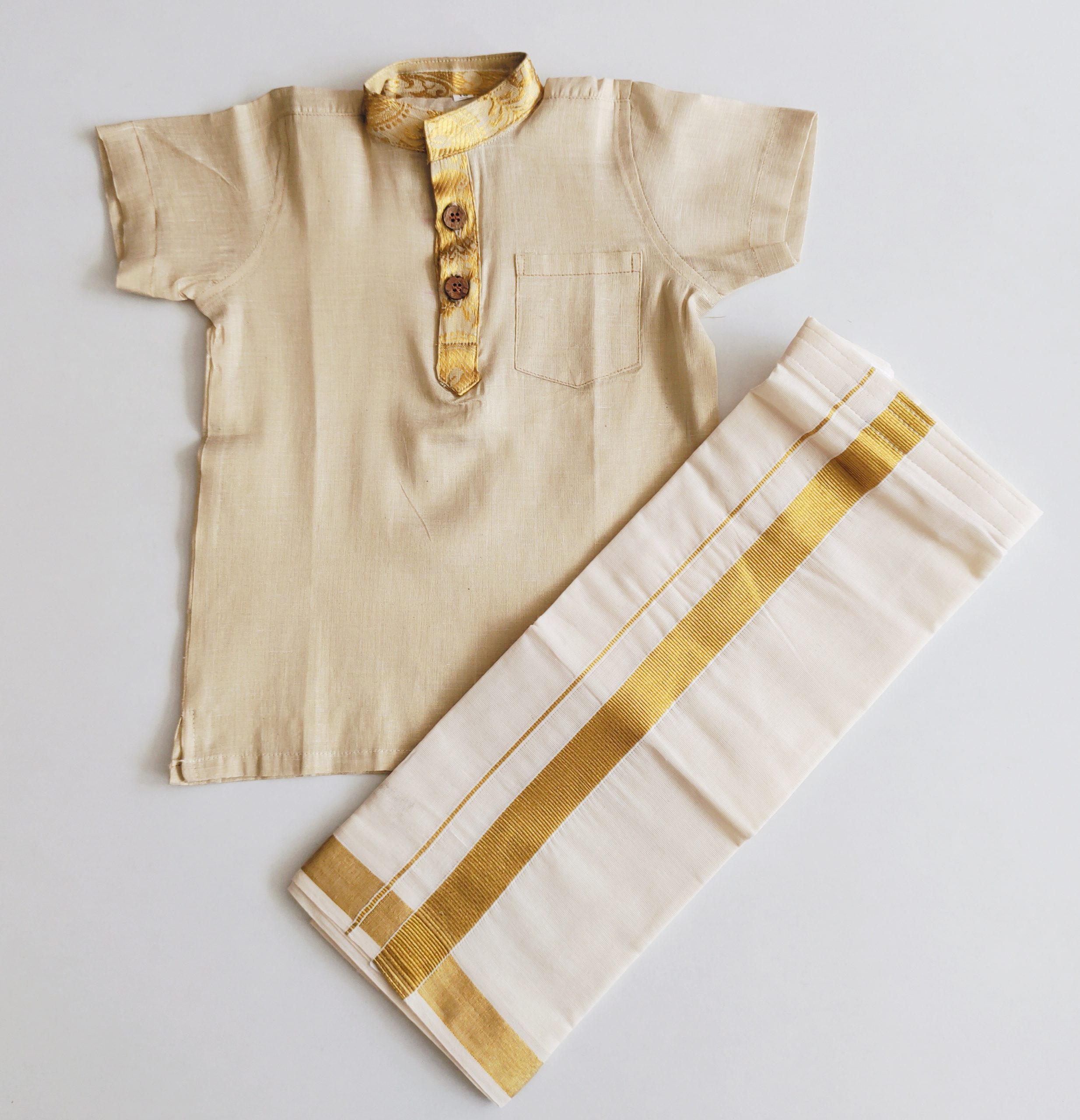 Jubha and Mundu - CVEKM - Golden Tissue Kurta and Kasav Mundu - Pretty ...