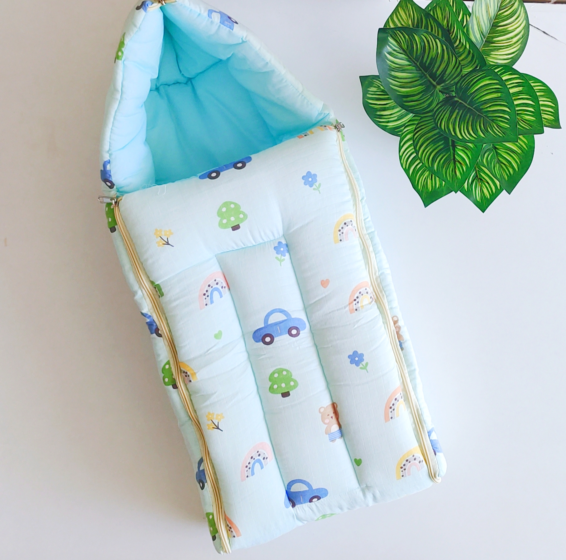 Muslin Cotton Kangaroo Wrapper - VCKW02 - Blue Car and Rainbow - Pretty ...