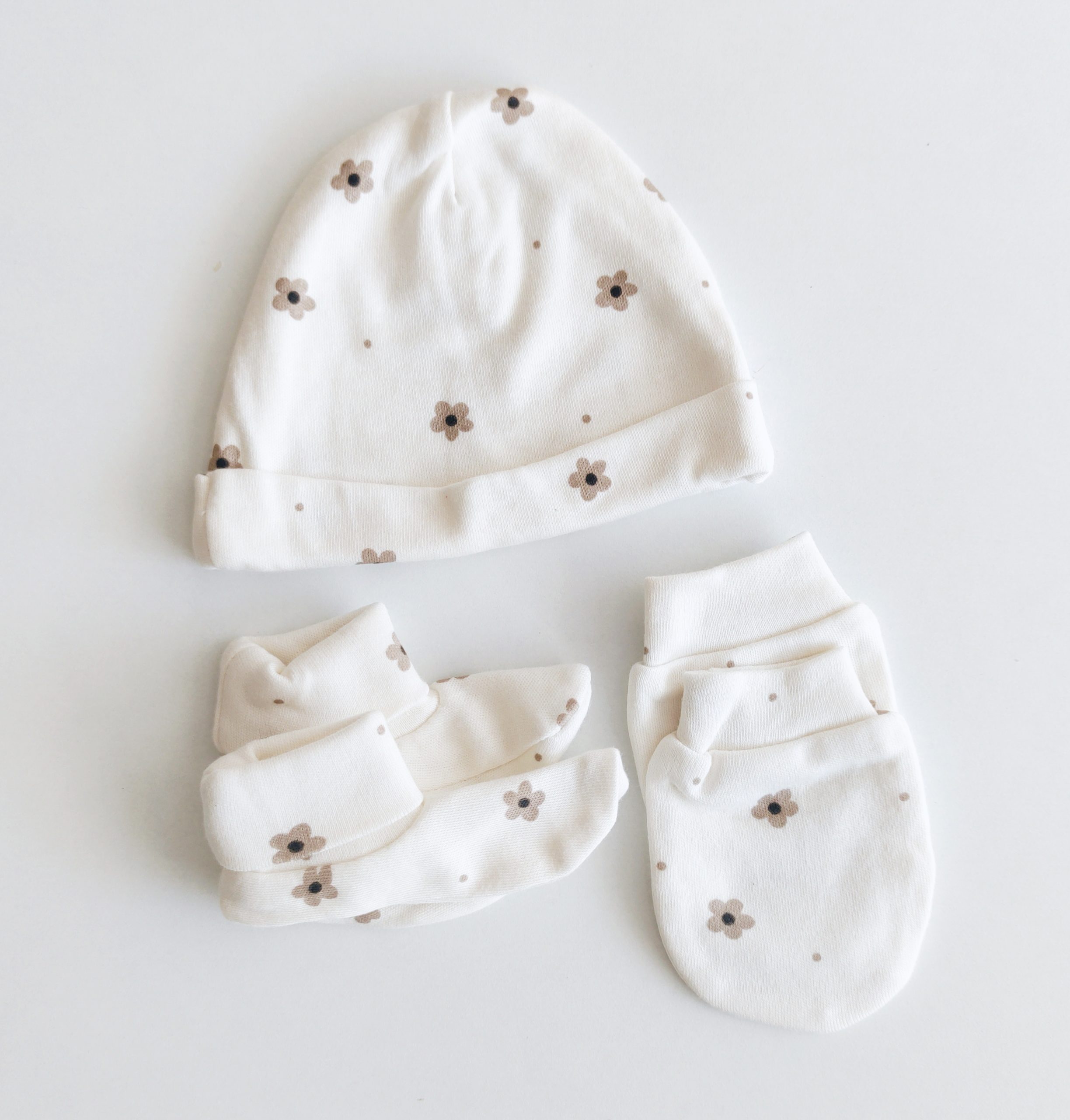 Cap/Mittens/Booties - AZCS - Off White With Brown Floral - Pretty Plums