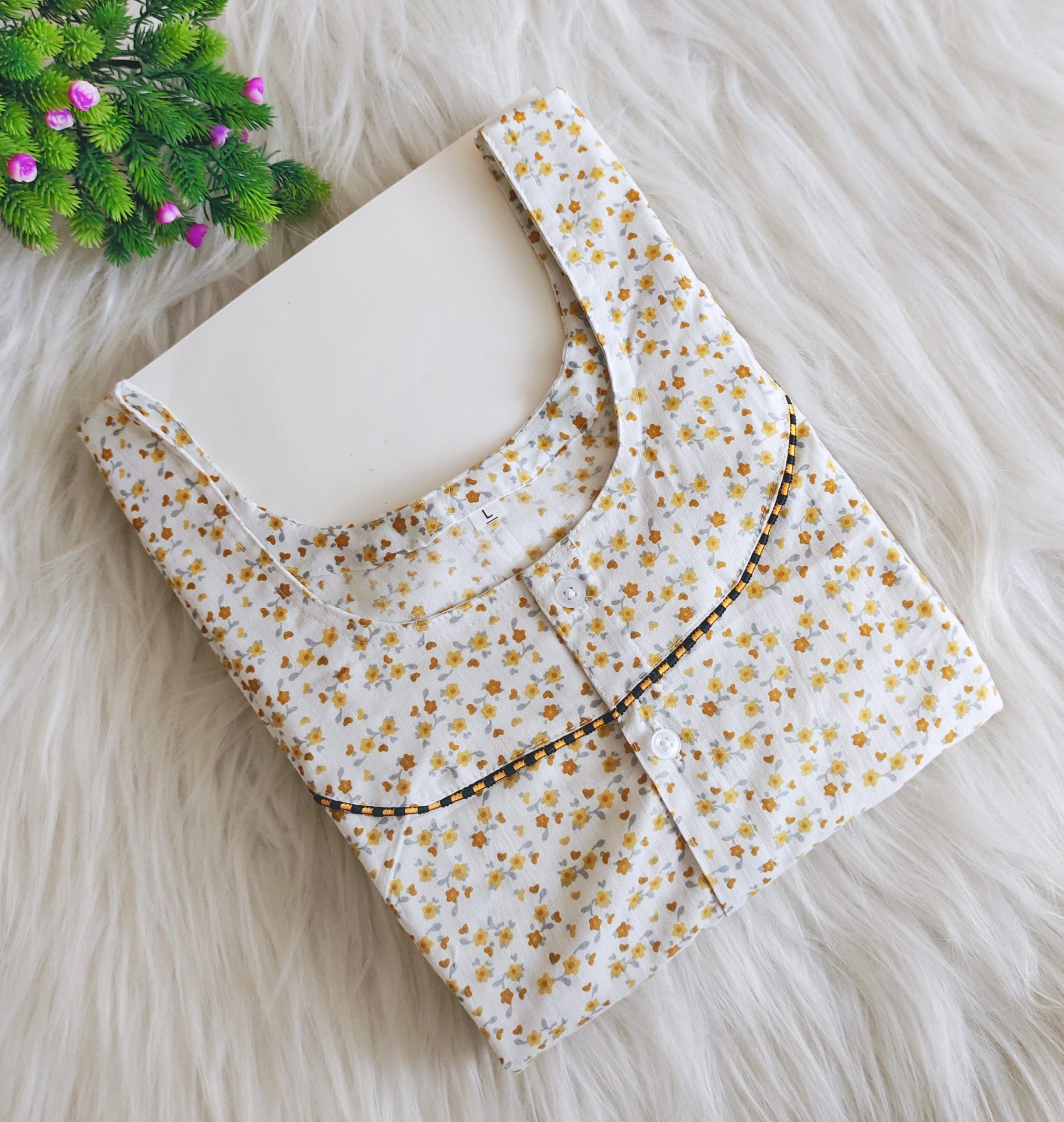 Maternity/ Feeding Three Fourth Nighty - PPM3/4 - White With Floral - Yellow -4 - Pretty Plums