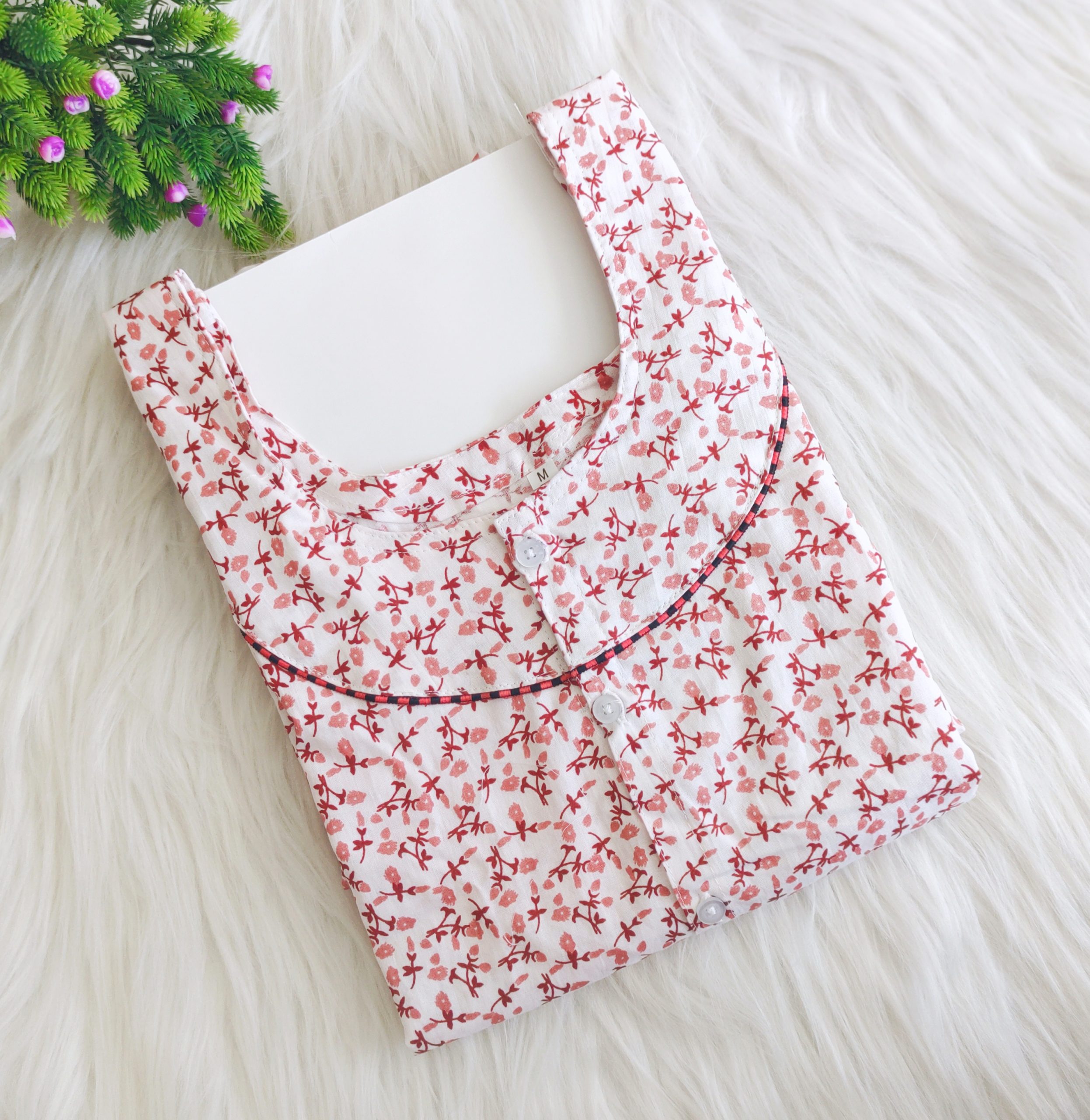 Maternity/ Feeding Three Fourth Nighty - PPM3/4 - White With Floral - Brown -2 - Pretty Plums