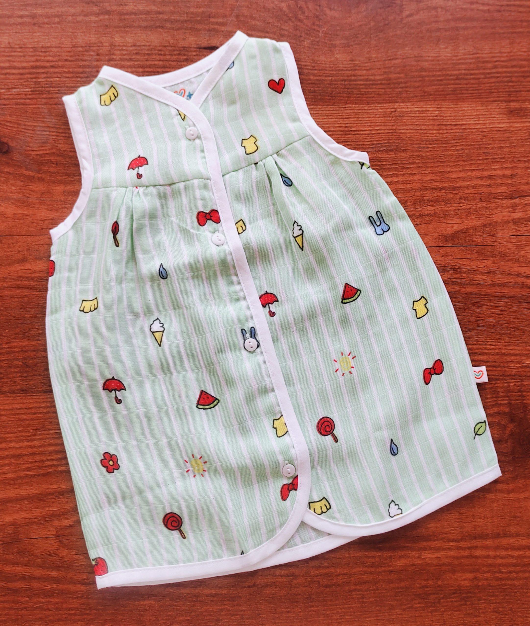 Muslin cotton frock - FIFK36 - Green Stripe with Water melon - Pretty Plums
