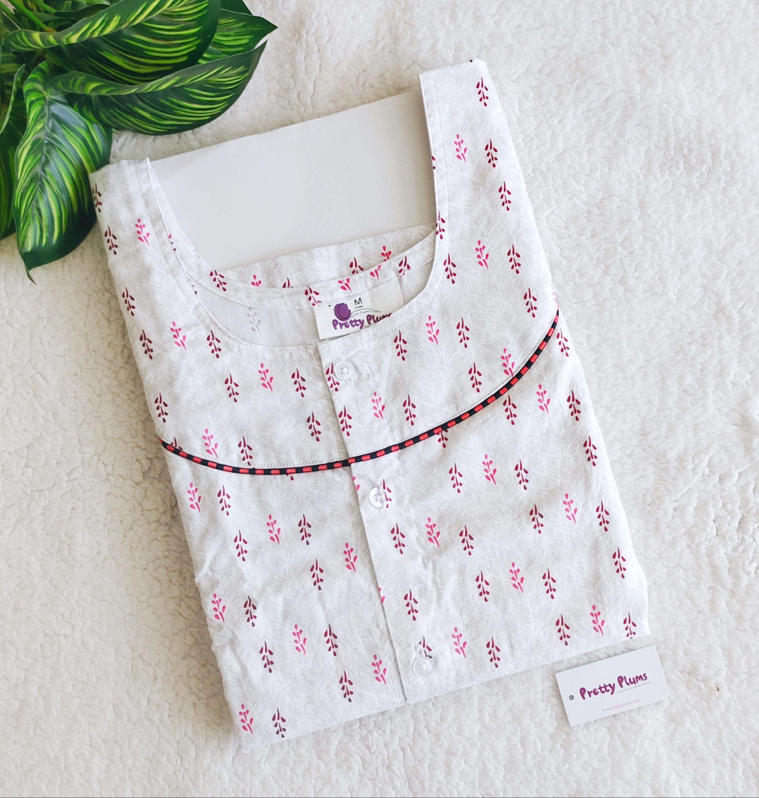 Maternity/ Feeding Three Fourth Nighty - PPM3/4 - White With Rose and Coffee Brown Floral ...