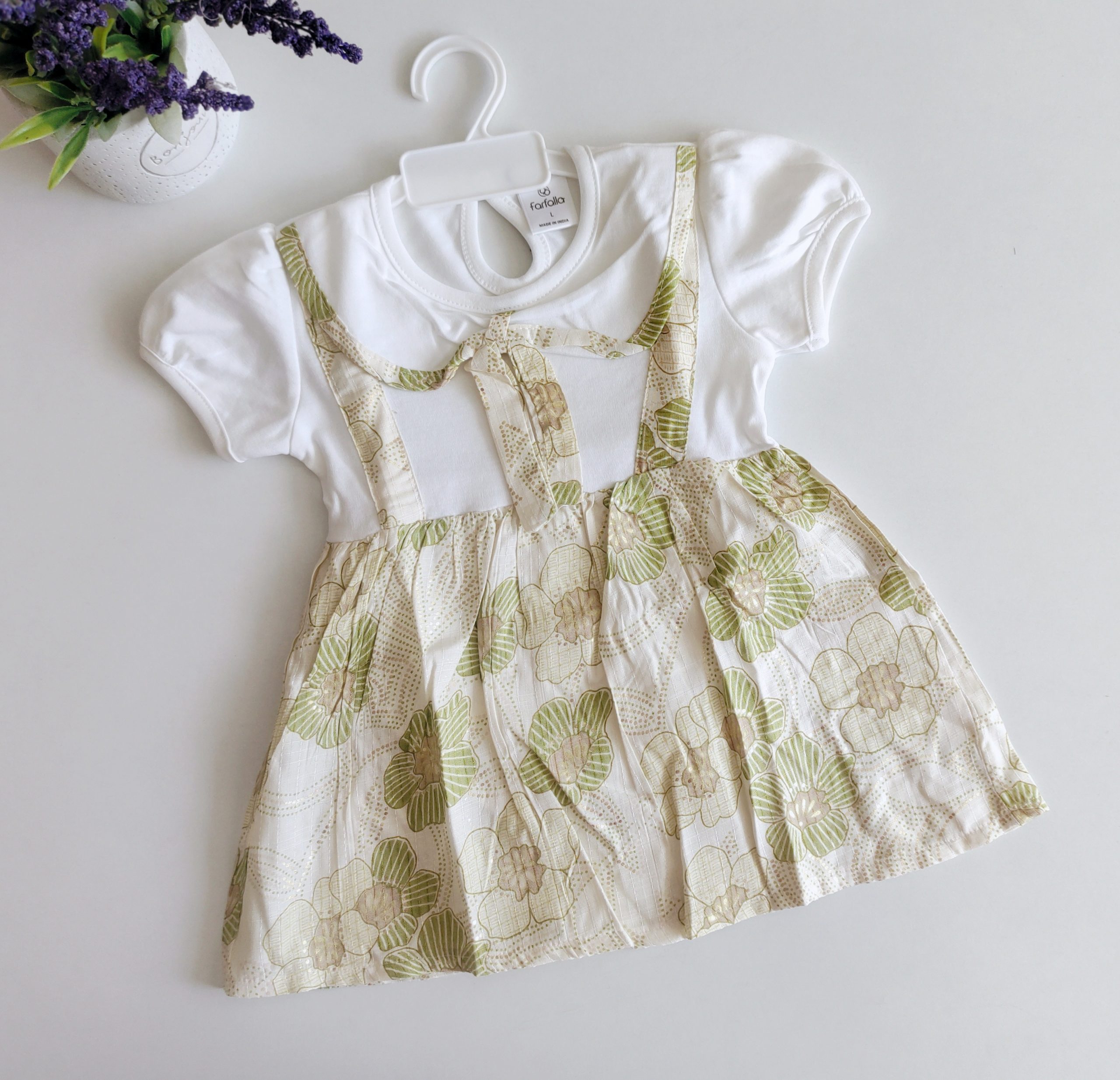 Girls Casual Frock - FRK - White with Green Floral Flower - Pretty Plums