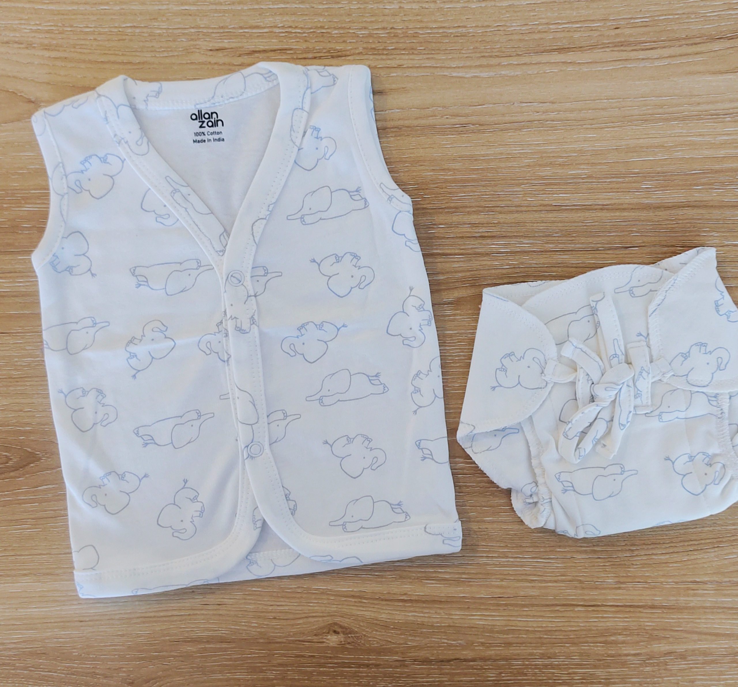 Knitted Cotton Jhabla Nappy - JHN - Off White with Blue Line Elephant ...